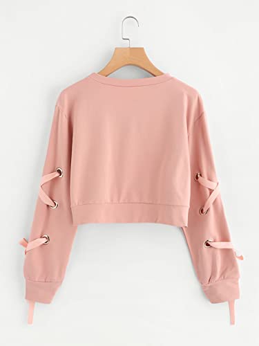 SweatyRocks Women's Casual Lace up Long Sleeve Pullover Crop Top Sweatshirt Solid Pink Small