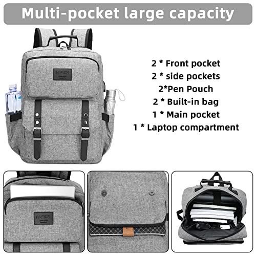 HFSX Laptop Backpack Women Men College Backpacks Bookbag Vintage Backpack Book Bag Fashion Back Pack Anti Theft Travel Backpacks with Charging Port fit 15.6 Inch Laptop Grey