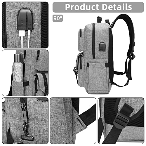 HFSX Laptop Backpack Women Men College Backpacks Bookbag Vintage Backpack Book Bag Fashion Back Pack Anti Theft Travel Backpacks with Charging Port fit 15.6 Inch Laptop Grey