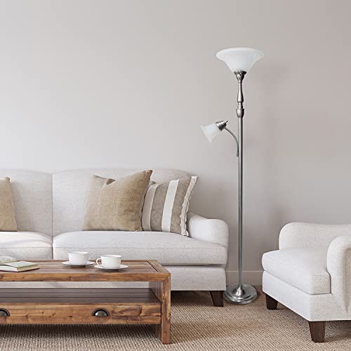 Elegant Designs LF2003-BSN 2 Light Mother Daughter White Marble Glass Floor Lamp, Brushed Nickel