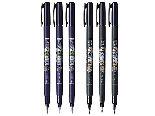 Tombow Fudenosuke Brush Pen, 6-Pack, Hard Tip (GCD-111) x3, Soft (GCD-112) x3 - for Precision Drawing, Sketch Notes & Calligraphy| Top Gifting Idea