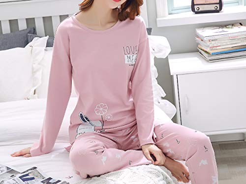 Vopmocld Young Girls Lovely Bunny Pajama Sets Cotton Long Sleeve Pjs Clothes Sleepwear Shirts, Pink, 14