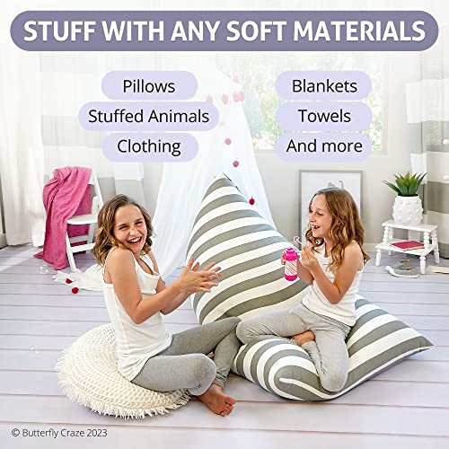 Butterfly Craze Bean Bag Chair Cover, Functional Toddler Toy Organizer, Fill with Stuffed Animals to Create a Jumbo, Comfy Floor Lounger for Boys or Girls, Stuffing Not Included, Grey Stripe