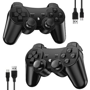 diswoe controllers for ps-3, wireless ps-3 controller 2 pack, bluetooth gamepad joystick, double vibrating controller for play_station 3 with 2 usb charging cables thump grips, black