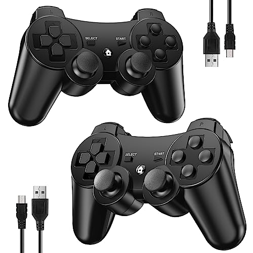 Diswoe Controllers for PS-3, Wireless PS-3 Controller 2 Pack, Bluetooth Gamepad Joystick, Double Vibrating Controller for Play_station 3 with 2 USB Charging Cables Thump Grips, Black