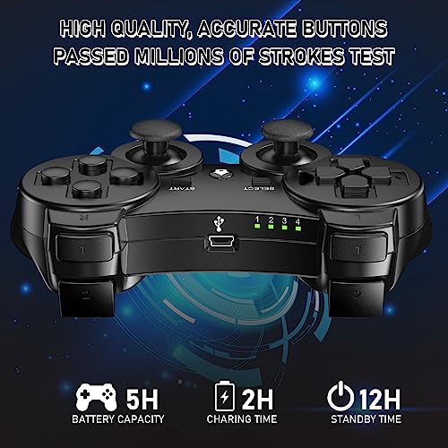 Diswoe Controllers for PS-3, Wireless PS-3 Controller 2 Pack, Bluetooth Gamepad Joystick, Double Vibrating Controller for Play_station 3 with 2 USB Charging Cables Thump Grips, Black