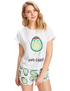 floerns women's 2 piece pajama sets cartoon and graphic print sleepwear tops and drawstring pajama shorts a white l