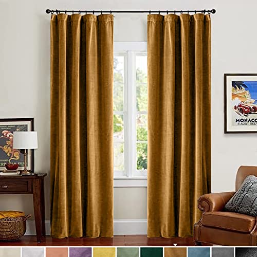 Lazzzy Velvet Blackout Curtains Brown Thermal Insulated Curtains 84 Room Darkening Window Drapes Super Soft Luxury Curtains for Living Room Bedroom Rod Pocket 2 Panels 84 Inch Long Gold Brown