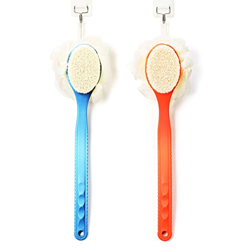 Shower Body Brush with Bristles and Loofah,Back Scrubber Bath Mesh Sponge with Curved Long Handle for Skin Exfoliating Bath, Massage Bristles Suitable for Wet or Dry, Men and Women(Orange)