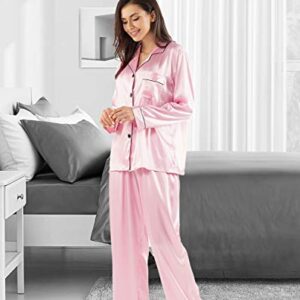 GAESHOW Women Silk Pajamas Set Long Sleeve Ladies Satin PJ Sets Button-Down Pajama Sleepwear Loungewear S~XL Pink