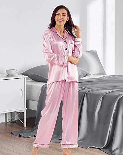 GAESHOW Women Silk Pajamas Set Long Sleeve Ladies Satin PJ Sets Button-Down Pajama Sleepwear Loungewear S~XL Pink