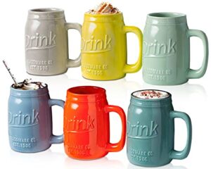 mason jar mugs - set of 6-15oz - ceramic, vibrant colors - great for coffee, tea, cold/hot drinks, indoor/outdoor parties - farmhouse décor