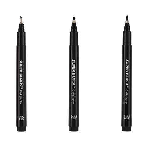 Creative Mark Calligraphy & Fineliner Pen Set Lettering Drawing Super Black, Permanent, Waterproof, & Acid-Free Chisel Nylon-Nibs Pens & Medium Brush Tip - [Lettering & Calligraphy Set of 3]