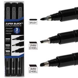 Creative Mark Calligraphy & Fineliner Pen Set Lettering Drawing Super Black, Permanent, Waterproof, & Acid-Free Chisel Nylon-Nibs Pens & Medium Brush Tip - [Lettering & Calligraphy Set of 3]