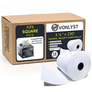 vonlyst receipt paper roll 3 1/8 x 230 for square pos system connected to star micronics thermal printer (pack 12 rolls)