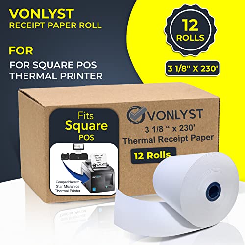 Vonlyst Receipt Paper Roll 3 1/8 x 230 for Square POS System connected to Star Micronics Thermal Printer (Pack 12 rolls)