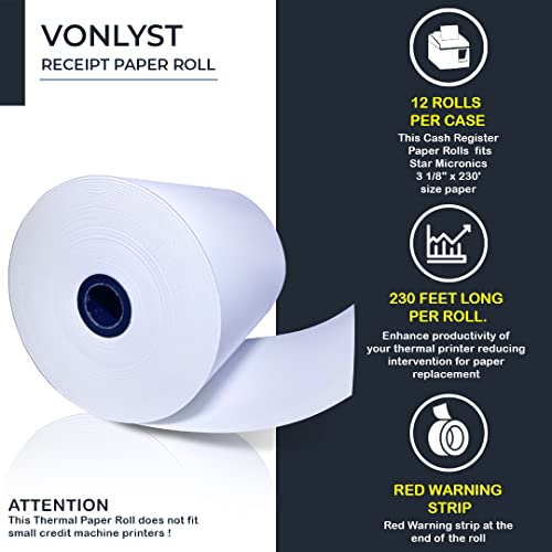 Vonlyst Receipt Paper Roll 3 1/8 x 230 for Square POS System connected to Star Micronics Thermal Printer (Pack 12 rolls)