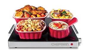 chefman compact glasstop warming tray with adjustable temperature control perfect for buffets, restaurants, parties, events, home dinners and travel, mini 15x12 inch surface, keeps food hot, black