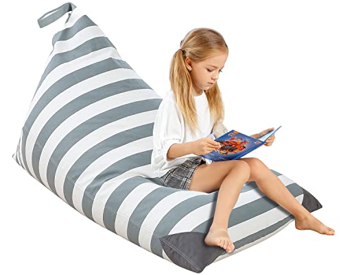 Aubliss Stuffed Animal Storage Bean Bag Chairs Cover, 50"x 35" Extra Large Bean Bags Chair for Kids Adults, Beanbag Toy Storage for Boys Girls - Premium Cotton Canvas Grey Stripe