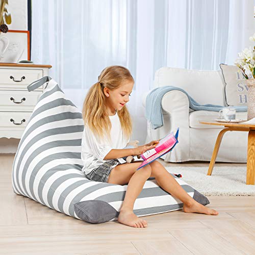 Aubliss Stuffed Animal Storage Bean Bag Chairs Cover, 50"x 35" Extra Large Bean Bags Chair for Kids Adults, Beanbag Toy Storage for Boys Girls - Premium Cotton Canvas Grey Stripe