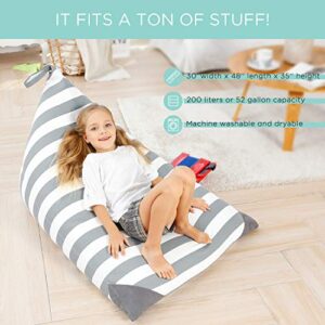 Aubliss Stuffed Animal Storage Bean Bag Chairs Cover, 50"x 35" Extra Large Bean Bags Chair for Kids Adults, Beanbag Toy Storage for Boys Girls - Premium Cotton Canvas Grey Stripe