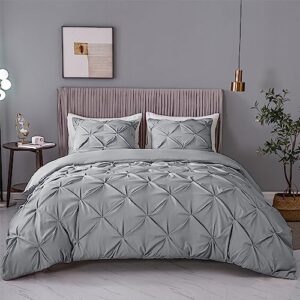 ashleyriver 3 piece grey queen duvet cover luxurious pinch pleated duvet cover with zipper & corner ties 100% 120 g microfiber pintuck duvet cover set(queen grey)