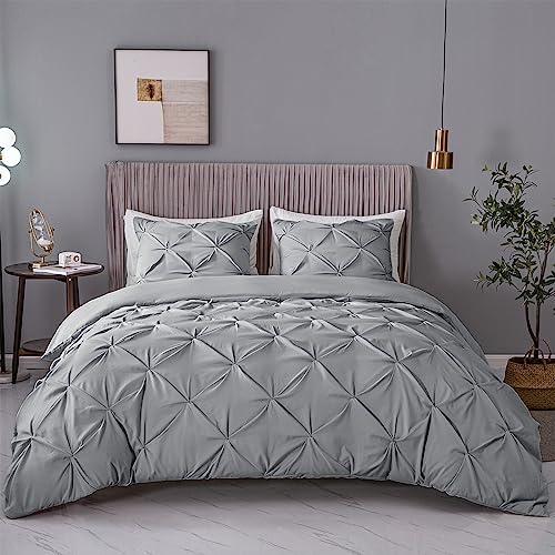 ASHLEYRIVER 3 Piece Grey Queen Duvet Cover Luxurious Pinch Pleated Duvet Cover with Zipper & Corner Ties 100% 120 g Microfiber Pintuck Duvet Cover Set(Queen Grey)