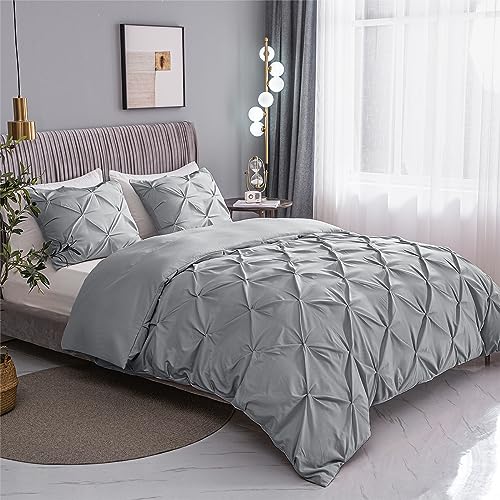 ASHLEYRIVER 3 Piece Grey Queen Duvet Cover Luxurious Pinch Pleated Duvet Cover with Zipper & Corner Ties 100% 120 g Microfiber Pintuck Duvet Cover Set(Queen Grey)