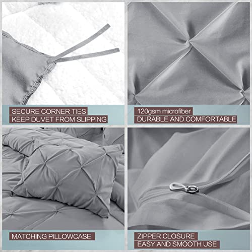 ASHLEYRIVER 3 Piece Grey Queen Duvet Cover Luxurious Pinch Pleated Duvet Cover with Zipper & Corner Ties 100% 120 g Microfiber Pintuck Duvet Cover Set(Queen Grey)