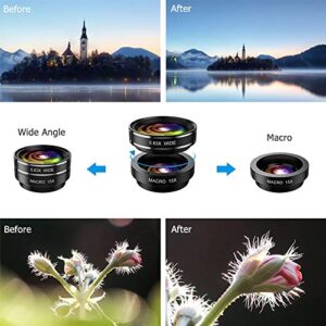 Phone Camera Lens Kit, 11 in 1 Cellphone Lens Kit for iPhone and Android, 0.63X Wide Angle+15X Macro+ 198°Fisheye+Telephoto+CPL/Flow/Radial/Star/Soft Filter+Kaleidoscope Lens