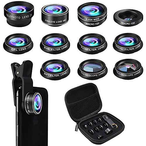 Phone Camera Lens Kit, 11 in 1 Cellphone Lens Kit for iPhone and Android, 0.63X Wide Angle+15X Macro+ 198°Fisheye+Telephoto+CPL/Flow/Radial/Star/Soft Filter+Kaleidoscope Lens