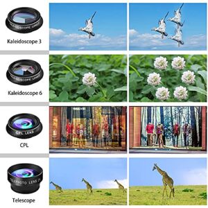 Phone Camera Lens Kit, 11 in 1 Cellphone Lens Kit for iPhone and Android, 0.63X Wide Angle+15X Macro+ 198°Fisheye+Telephoto+CPL/Flow/Radial/Star/Soft Filter+Kaleidoscope Lens