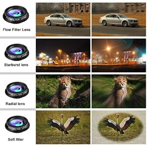 Phone Camera Lens Kit, 11 in 1 Cellphone Lens Kit for iPhone and Android, 0.63X Wide Angle+15X Macro+ 198°Fisheye+Telephoto+CPL/Flow/Radial/Star/Soft Filter+Kaleidoscope Lens