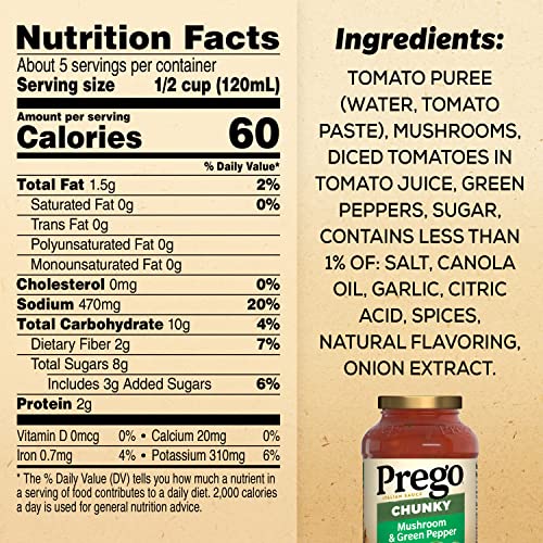 Prego Chunky Mushroom and Green Pepper Pasta Sauce, 23.75 Oz Jar (Case of 6)