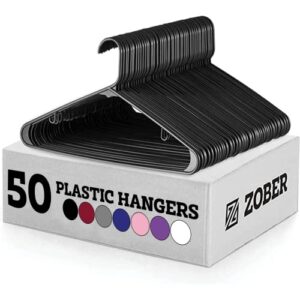 zober plastic hangers 50 pack - heavy duty black plastic hangers - space saving clothes hangers for coats, pants & for everyday use - clothing hangers with hooks