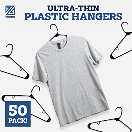 Zober Plastic Hangers 50 Pack - Heavy Duty Black Plastic Hangers - Space Saving Clothes Hangers for Coats, Pants & for Everyday Use - Clothing Hangers with Hooks