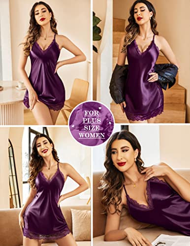 Avidlove Women Lingerie Satin Lace Chemise Nightgown Sexy Full Slips Sleepwear (Small, Dark Purple)