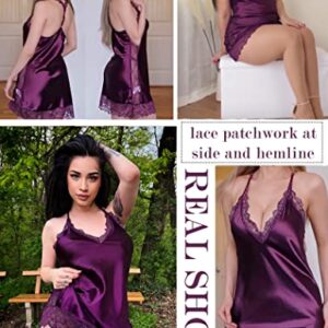 Avidlove Women Lingerie Satin Lace Chemise Nightgown Sexy Full Slips Sleepwear (Small, Dark Purple)