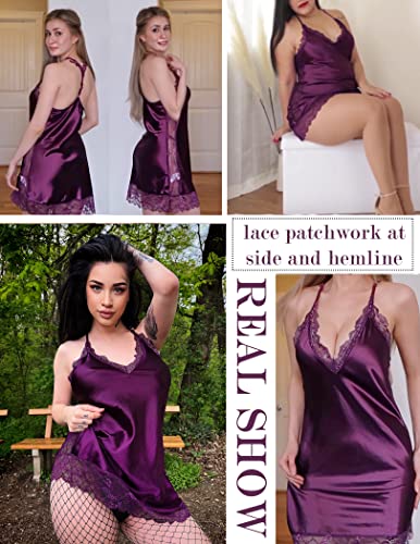 Avidlove Women Lingerie Satin Lace Chemise Nightgown Sexy Full Slips Sleepwear (Small, Dark Purple)