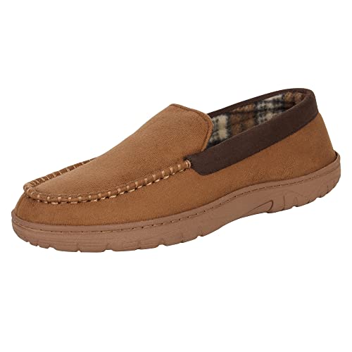 Hanes Mens Moccasin Slipper House Shoe With Indoor Outdoor Memory Foam Sole Fresh IQ Odor Protection , Tan , Medium