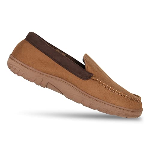 Hanes Mens Moccasin Slipper House Shoe With Indoor Outdoor Memory Foam Sole Fresh IQ Odor Protection , Tan , Medium