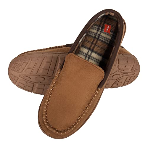 Hanes Mens Moccasin Slipper House Shoe With Indoor Outdoor Memory Foam Sole Fresh IQ Odor Protection , Tan , Medium