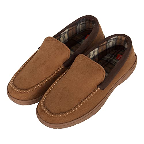 Hanes Mens Moccasin Slipper House Shoe With Indoor Outdoor Memory Foam Sole Fresh IQ Odor Protection , Tan , Medium