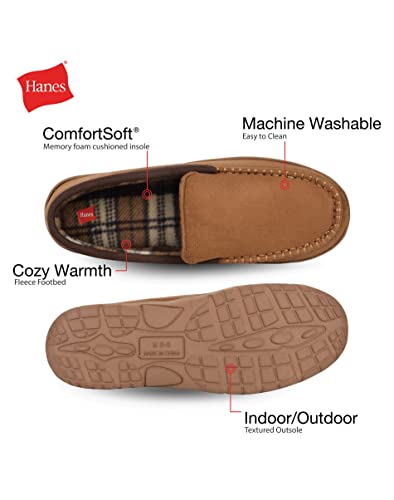 Hanes Mens Moccasin Slipper House Shoe With Indoor Outdoor Memory Foam Sole Fresh IQ Odor Protection , Tan , Medium