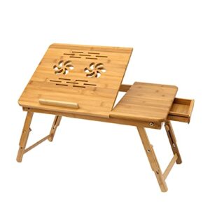 bamboo laptop desk, adjustable portable breakfast serving bed tray with tilting top drawer for surfing reading writing eating (bamboo)