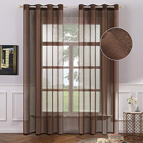 MIULEE 2 Panels Chocolate Brown Sheer Window Curtains Elegant Grommet Top Window Voile Panels/Drapes/Treatment Linen Textured Panels for Bedroom Living Room (54X84 Inches Dark Brown)