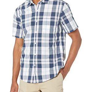 Amazon Essentials Men's Slim-Fit Short-Sleeve Poplin Shirt, White/Navy, Large Plaid, X-Large