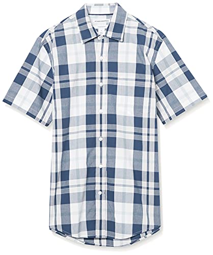 Amazon Essentials Men's Slim-Fit Short-Sleeve Poplin Shirt, White/Navy, Large Plaid, X-Large