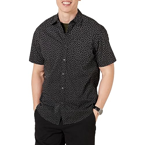 Amazon Essentials Men's Regular-Fit Short-Sleeve Print Shirt, Black Floral, Large