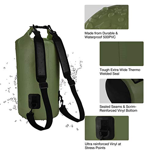 Piscifun Dry Bag, Waterproof Floating Backpack with Waterproof Phone Case for Kayking, Boating, Kayaking, Surfing, Rafting and Fishing, Army Green 20L